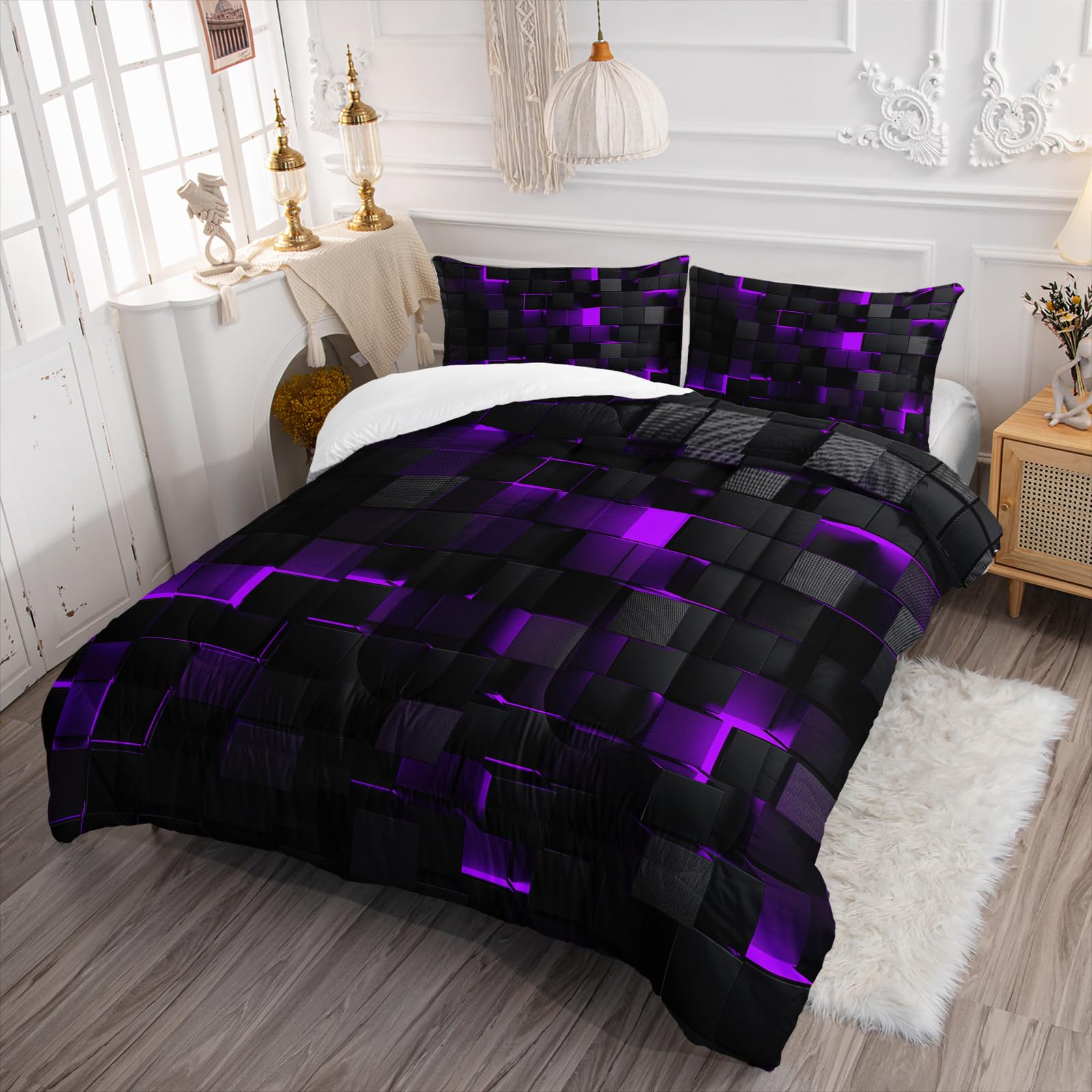 Geometric Violet Black Comforter Set,Light Honeycomb 3 Piece Bedding Set Full Size for Teen Boys,Modern Bedding Quilt Set Geometry Decor,Microfiber Lightweight 1 Comforter 2 Pillowcases All Season