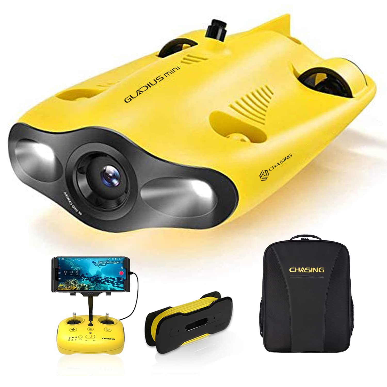 Chasing gladius MINI Underwater Drone, 4K 1080P 12MP UHD Underwater Camera, Remote and APP Remote Control, Adjustable Attitude ±45°, Dive to 330ft, ROV with Backpack, Bobbin Winder, Advanced Remote