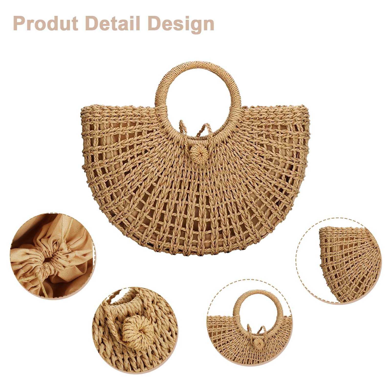 Round Straw Bag Rattan Crossbody Bag Handwoven Natural Summer Beach Shoulder Bag for Women (Khaki)