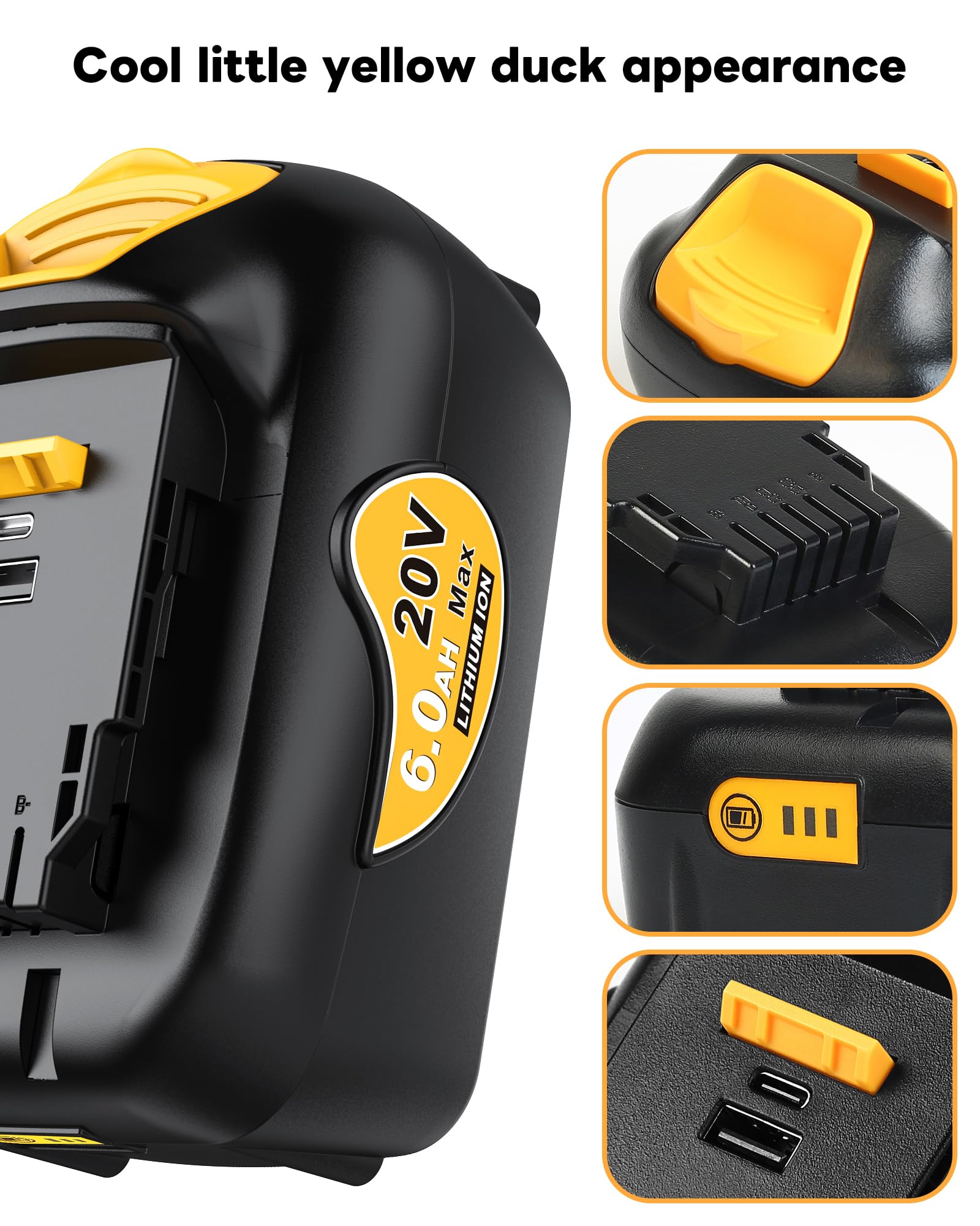 Genuine Capacity 2 Pack 6Ah 20V Max Battery Replacement for Dewalt 20V Battery with USB and USB-C Charging Port, True Capacity Lithium ion Battery Compatible with All 20V Dewalt Cordless Tools