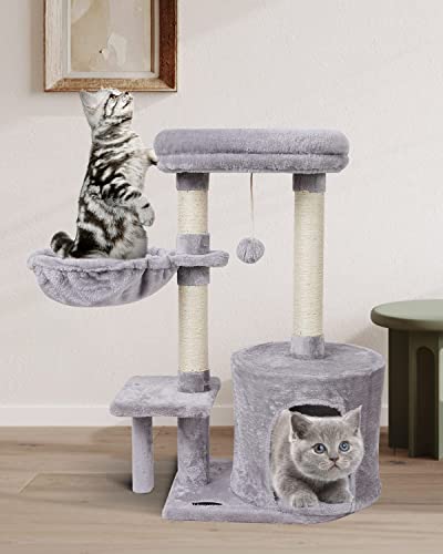 KIYUMI Cat Tree Cat Tower Condo with Sisal Scratching Post for Indoor Cats Cat Tree Cat Furniture with Hammock Perch and Kitten Ball Toys, Multi-Level Pet Activity Center