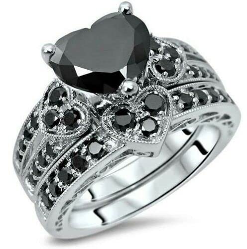 Dazzle Touch 2.40 Ct Simulated Black Diamond Heart Shape Women's Ring Engagement Wedding Ring Bridal Ring Set For His & Her 14k White Gold Finish (4)