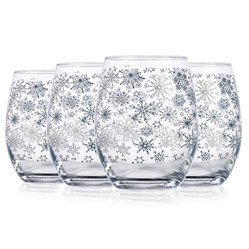 Elegant Home Set of Four (4) 20oz Holiday Festive Christmas Gift Stemless Wine Glass For Red Or White Wine- Christmas Winter Blue & White Snowflakes