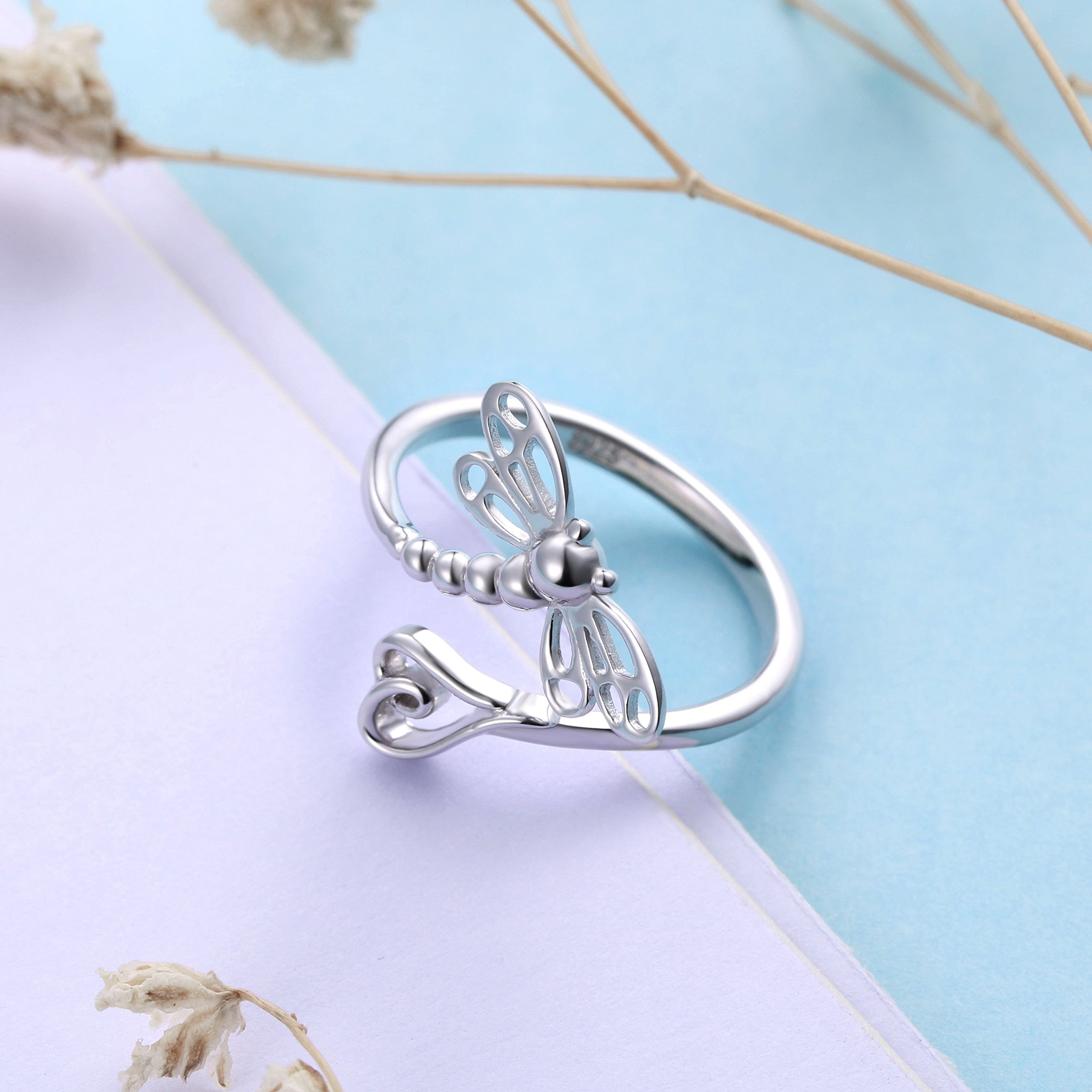 DAOCHONG 925 Sterling Silver Open Heart Insect Dragonfly Wrap Ring for Women (Adjustable Ring) (Dragonfly(wing fitting finger design))
