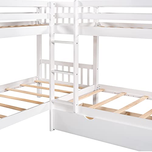 HYC L-Shaped Bunk Bed with Drawers, Bunk Bed for 4 Twin Over Twin for Boys Girls Kids Teen Wood Quad Bunk Beds Frame, White