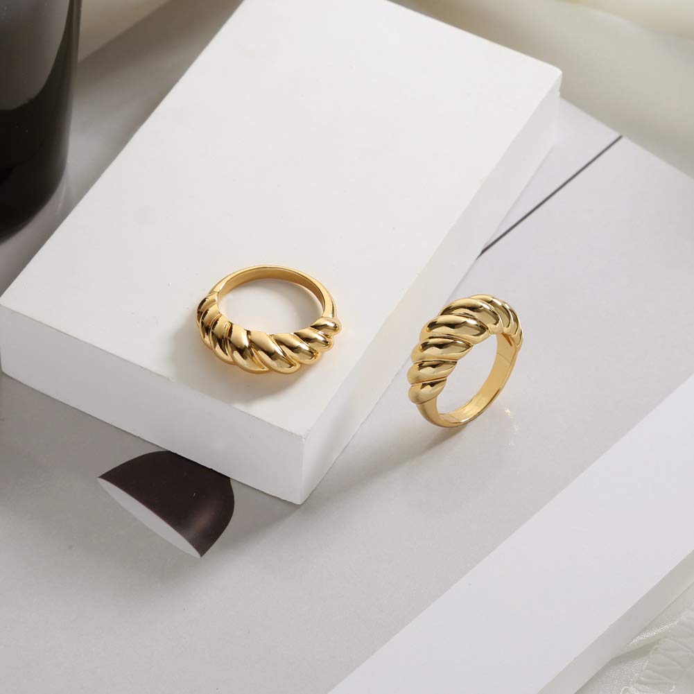 CLASSYZINT 14k Gold Plated Croissant Dome Chunky Rings Set Braided Twisted Stackable Band Simple Trendy Gold Rings for Women Girls Size 6-10…