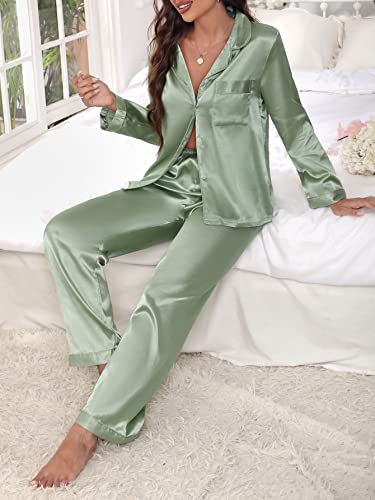 OYOANGLE Women's Satin Long Sleeve Pajama Set Button Down Silk Pj Set Sleepwear Lounge Set Mint Green XL