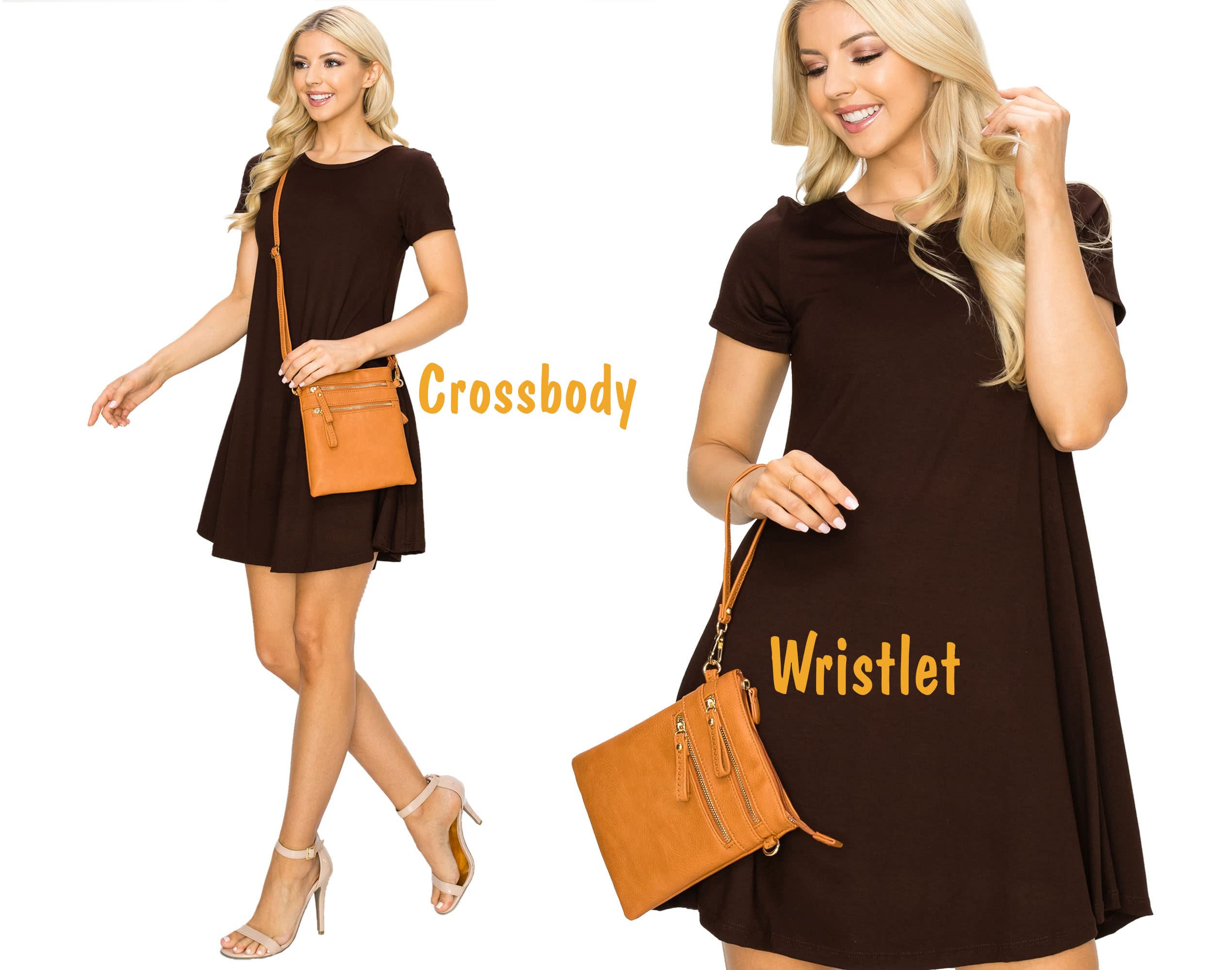 Solene Women's Faux Leather Organizer Multi Zipper Pockets Handbag With Detachable Wristlet Crossbody Bag-WU002(Mustard)
