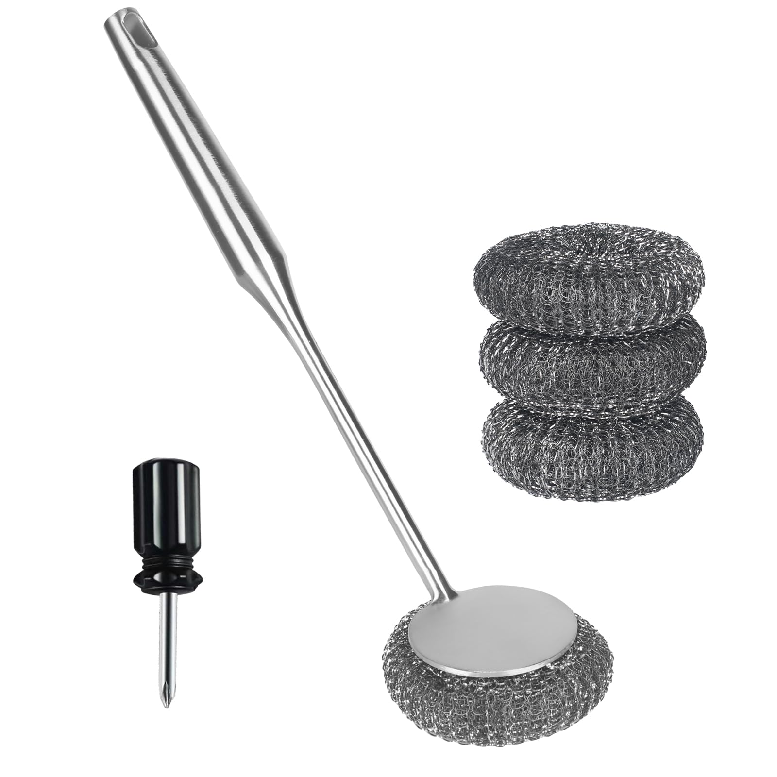 Generic Stainless Steel Long-Handled Steel Wool Brush, Grill Brush Bristle Free with Replaceable Brush Heads,Metal Scrubbers for Cleaning Dishes,Dish Scrubber with Handle