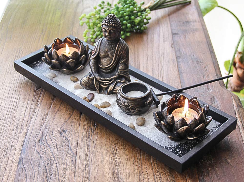 Royal Brands’ Zen Garden with Buddha, Rake, Tea Light Candle and Incense Holder - Peace and Tranquility (14.5"x5"x7")