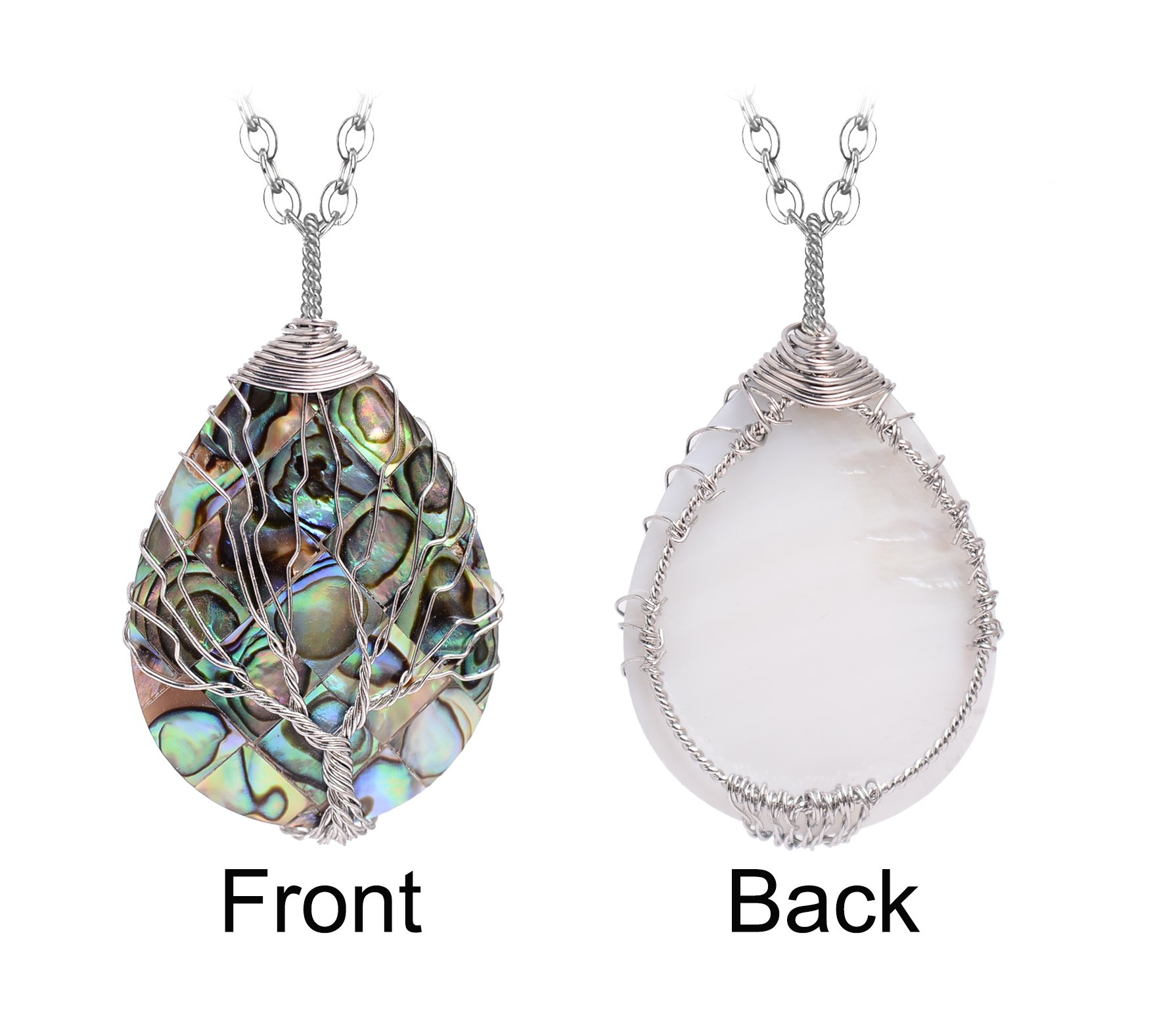 Wire Wrapped Abalone Teardrop Necklace - Handmade Silver Abalone Shell Water Drop Tree of Life Pendent Jewelry for Women
