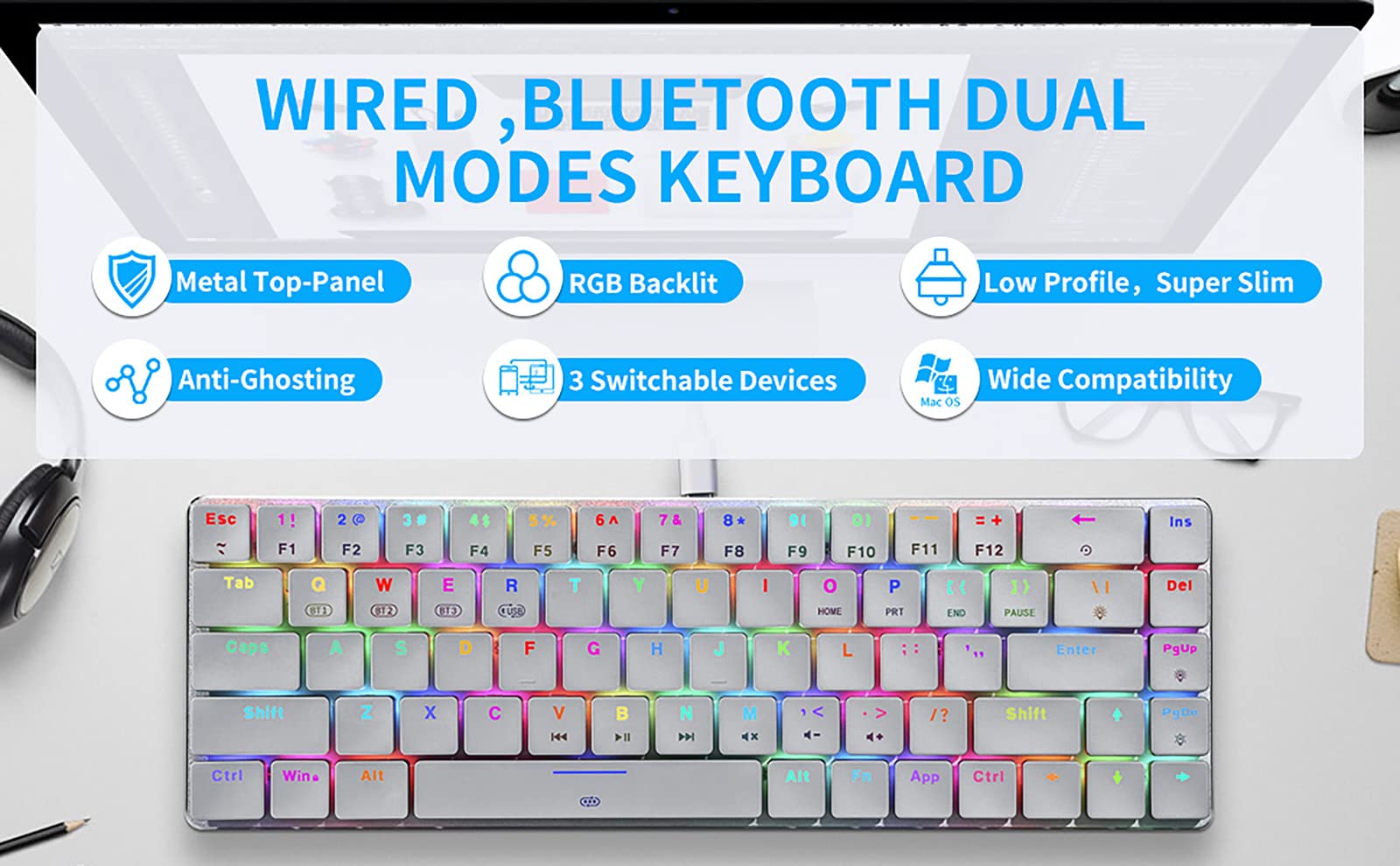 chuangquan CQ009 Mechanical Wireless/Wired Gaming Keyboard Bluetooth 5.0 RGB Backlit Brown Switch Compact 69 Keys Compatible with PC, Laptop and Smartphone (Silver)