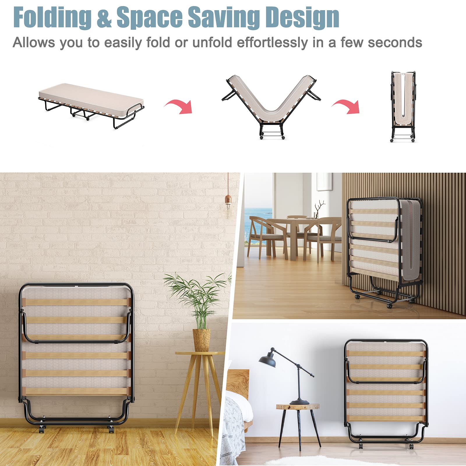 KOMFOTT Rollaway Bed with 4” Mattress, Folding Bed with Memory Foam Mattress for Adults, Portable Guest Bed with Sturdy Steel Frame, Made in Italy