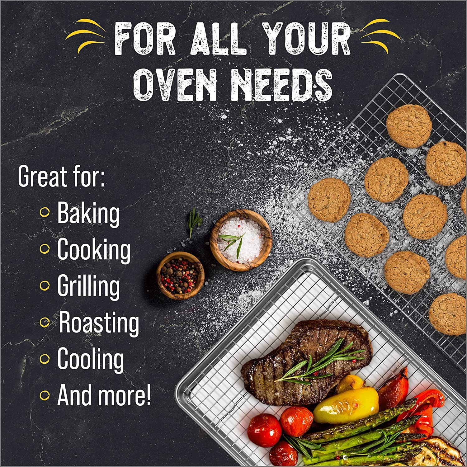 Checkered Chef Baking Sheet Set - Set of 2 Large 18" x 13" Stainless Steel Half Pans for Baking w/ Oven Safe Cooling Racks (2 Pack)