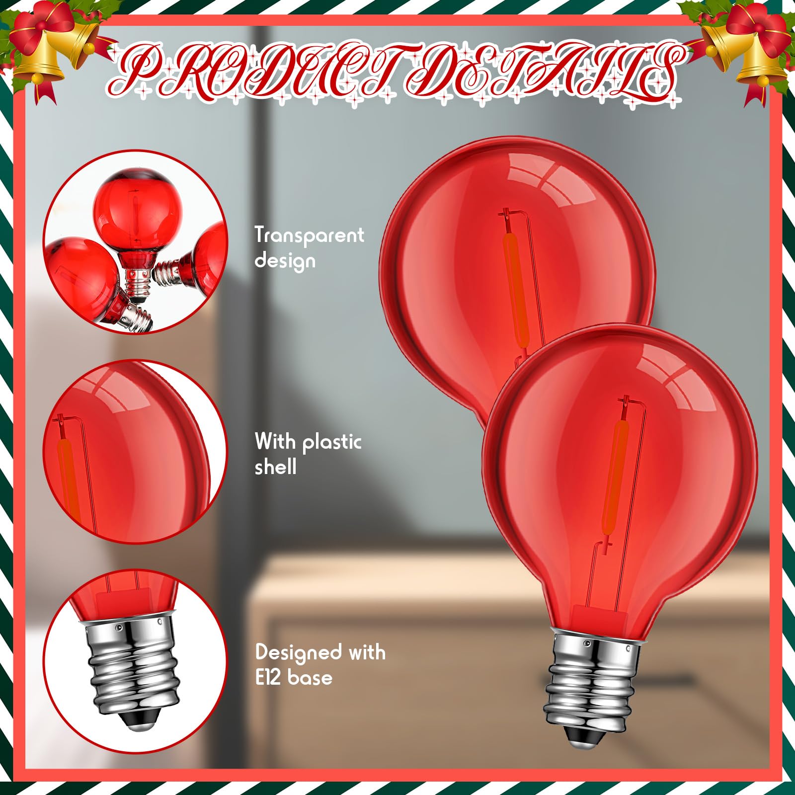LEIFIDE 50 Pcs G40 Globe Replacement Light Bulbs LED Outdoor String Light 1w for Christmas Plastic Bulb with C7 E12 Candelabra Screw Base Indoor Patio Lights Decor (Red)
