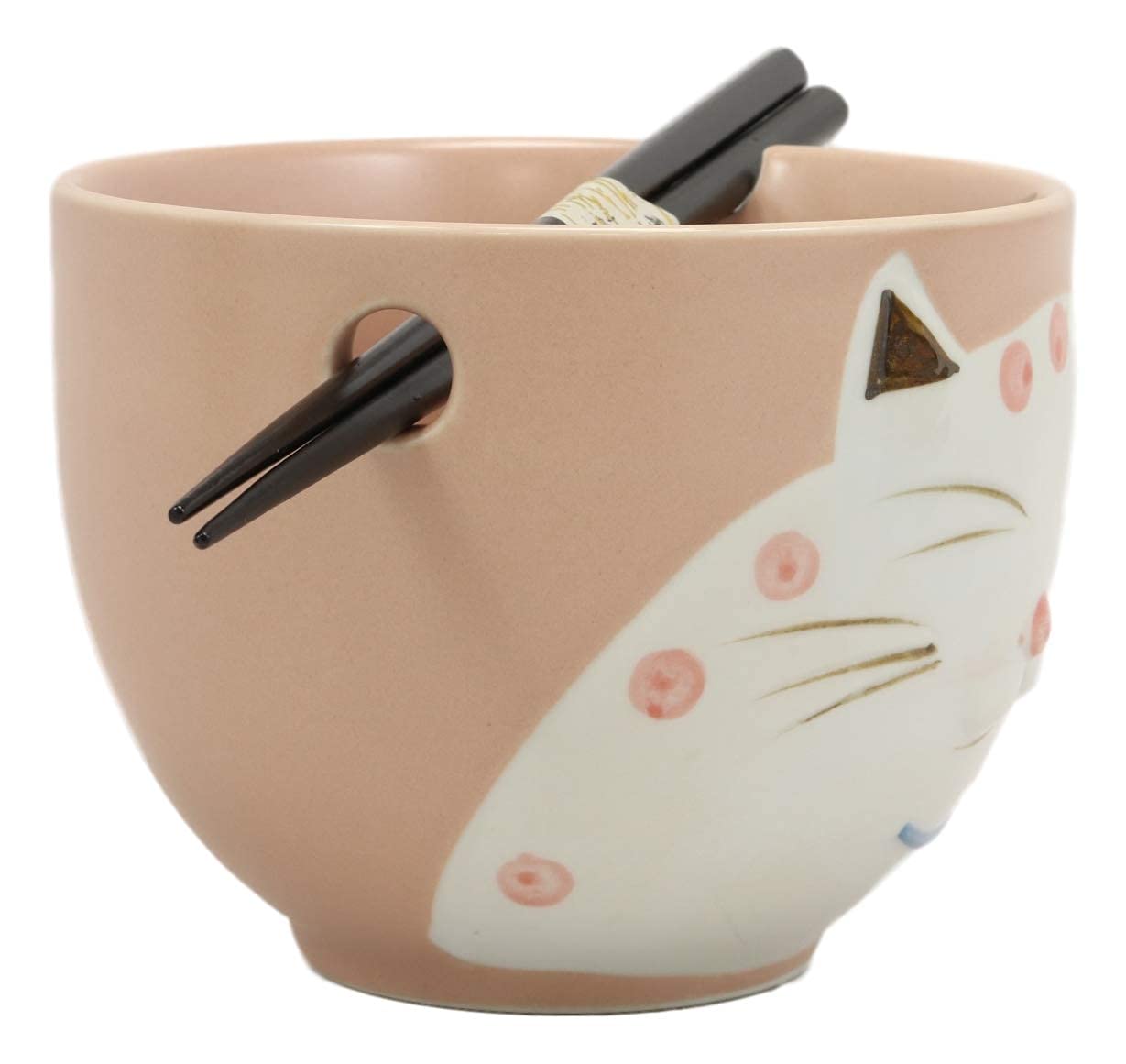 Ebros Whimsical Ceramic Peachy Pink Lucky Meow Cat Pasta Ramen Udong Pho Noodles Soup Bowl and Chopsticks Set Dining Gourmet Meal Feline Cats Collection Rice Bowls Decor Kitchen
