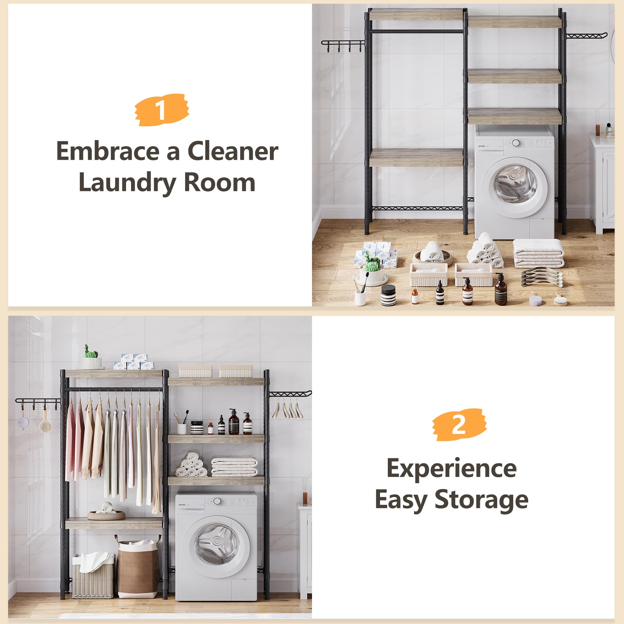 IDEALHOUSE Laundry Room Organization and Storage,5 Tier Wood Over The Washer and Dryer Storage Shelf with Drying Clothes Racks,Space Saver Heavy Duty Bathroom Laundry Shelf for Home Storage and Decor