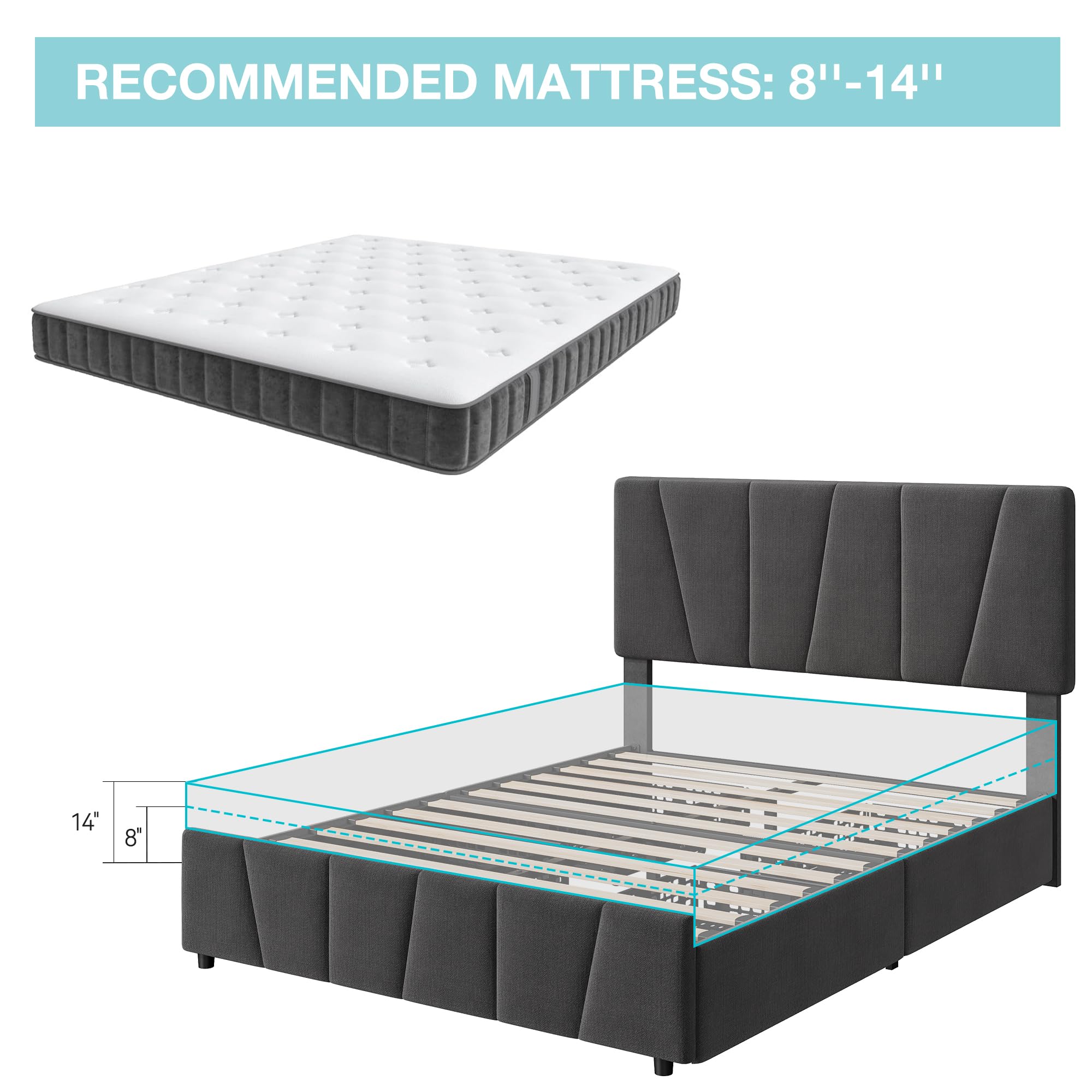 IDEALHOUSE Twin Size Bed Frame with Adjustable Headboard and 2 Storage Drawers, Upholstered Platform Bed Frame with Wooden Slats Support, No Box Spring Needed, Dark Grey