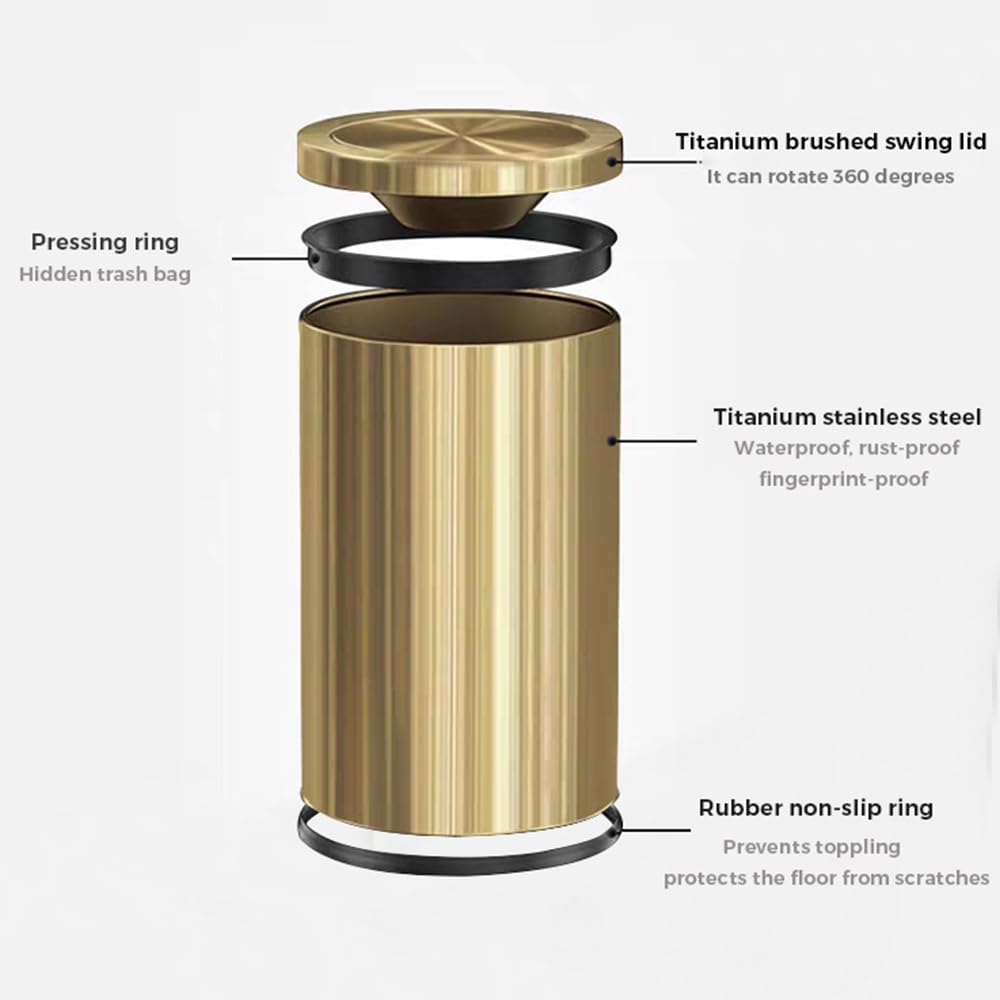 LEASYLIFE Antique Gold Trash can,Gold Bathroom Trash can with lid,Small Trash Can with Flipping Lid, 2.4gallon,Gold Garbage can for Bathroom,Laundry,Hotel,Office, Laundry Room ,Metallic Gold (Single)