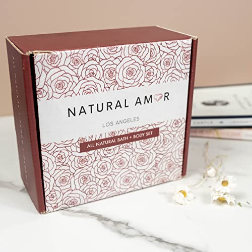 Natural Amor- Spa Gift Set for Women- Luxurious Rose Scent Bath gift for her- 6pc Bath & Body gift including soap bar, bath bomb, bath salt