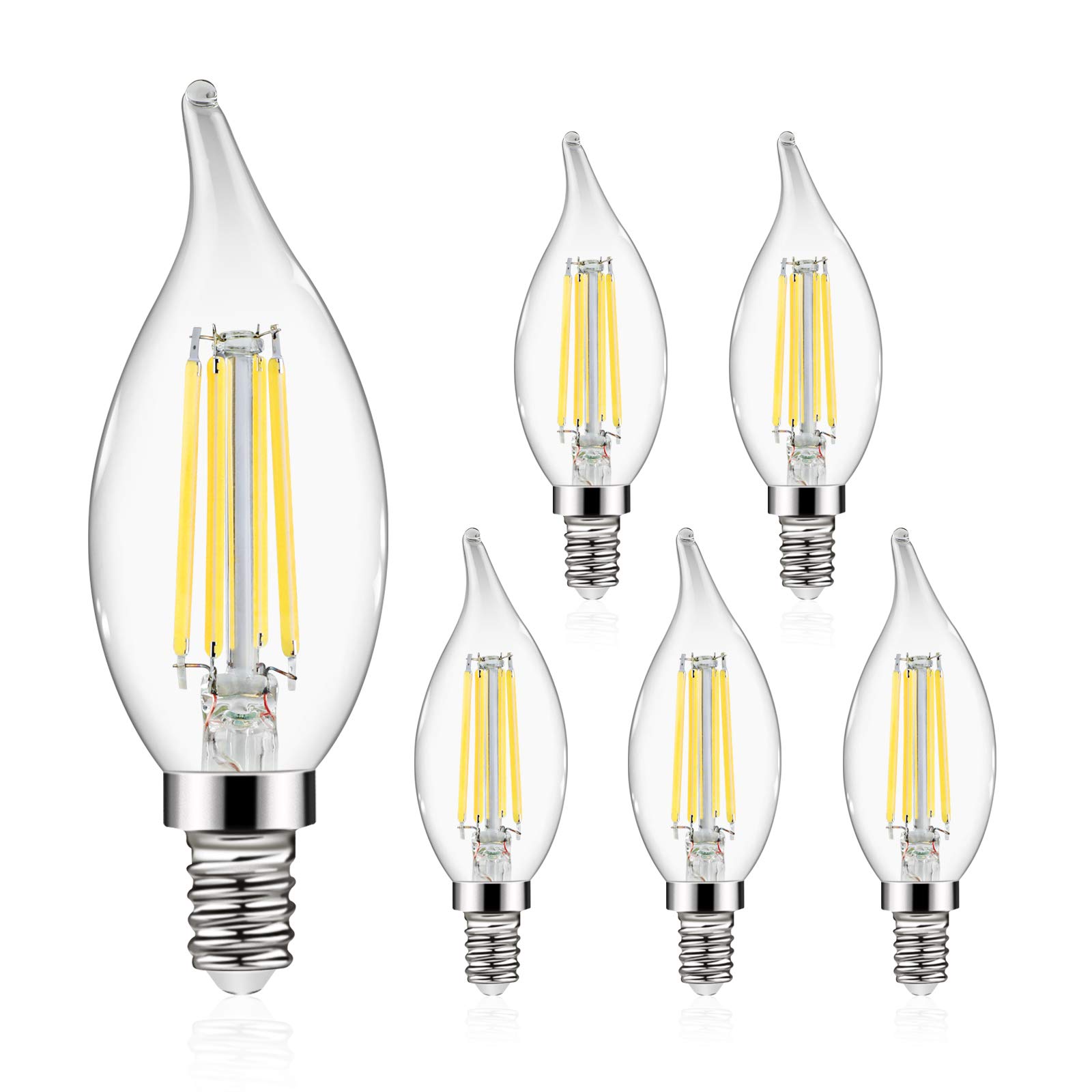 Defurhome E12 Candelabra Bulbs, 5W, Equivalent 60W, 550LM, Flame Tip, Daylight White 5000K, Non-Dimmable, Chandelier Candle Base, Decoration Clear Glass Light Bulbs, Pack of 6