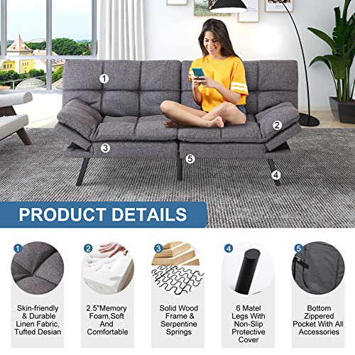 Maxspeed Futon Sofa Bed Memory Foam Couch Convertible Modern Loveseat Sleeper Sofa with Adjustable Armrests and Metal Legs,Multifunctional Futon Sofa Bed for Living Room,Office, Small Spaces(Grey)