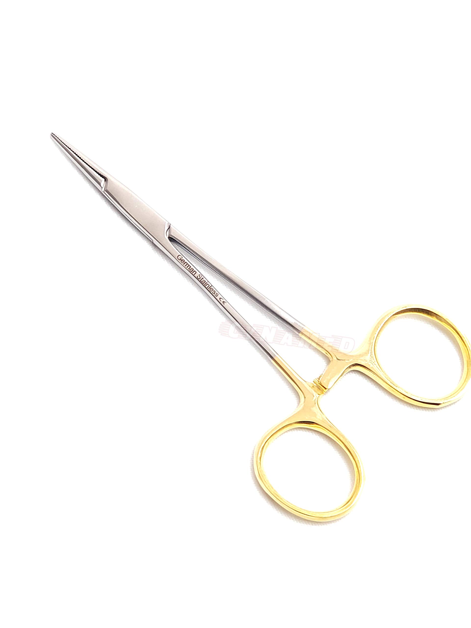 Premium German Stainless- Set of 2 PCS Gold Handle Mosquito Locking HEMOSTAT Forceps Straight + Curved 5"-Cynamed