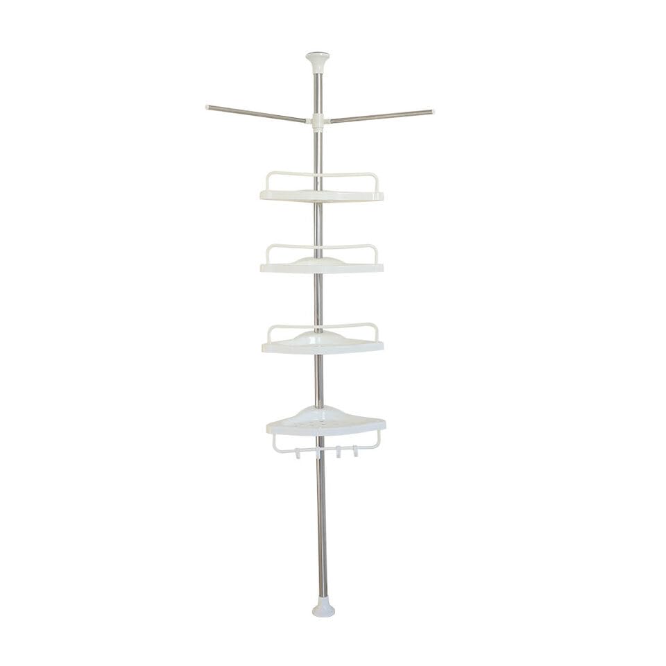 Gosangom Corner Shower Basin Tension Bar, 4 Tier Bathroom Corner Storage Shelf, Rust Resistant Corner Shower Basin, Adjustable Plastic Shelf, Bathroom Floor Mount Bath Shelf Fixer., 574410