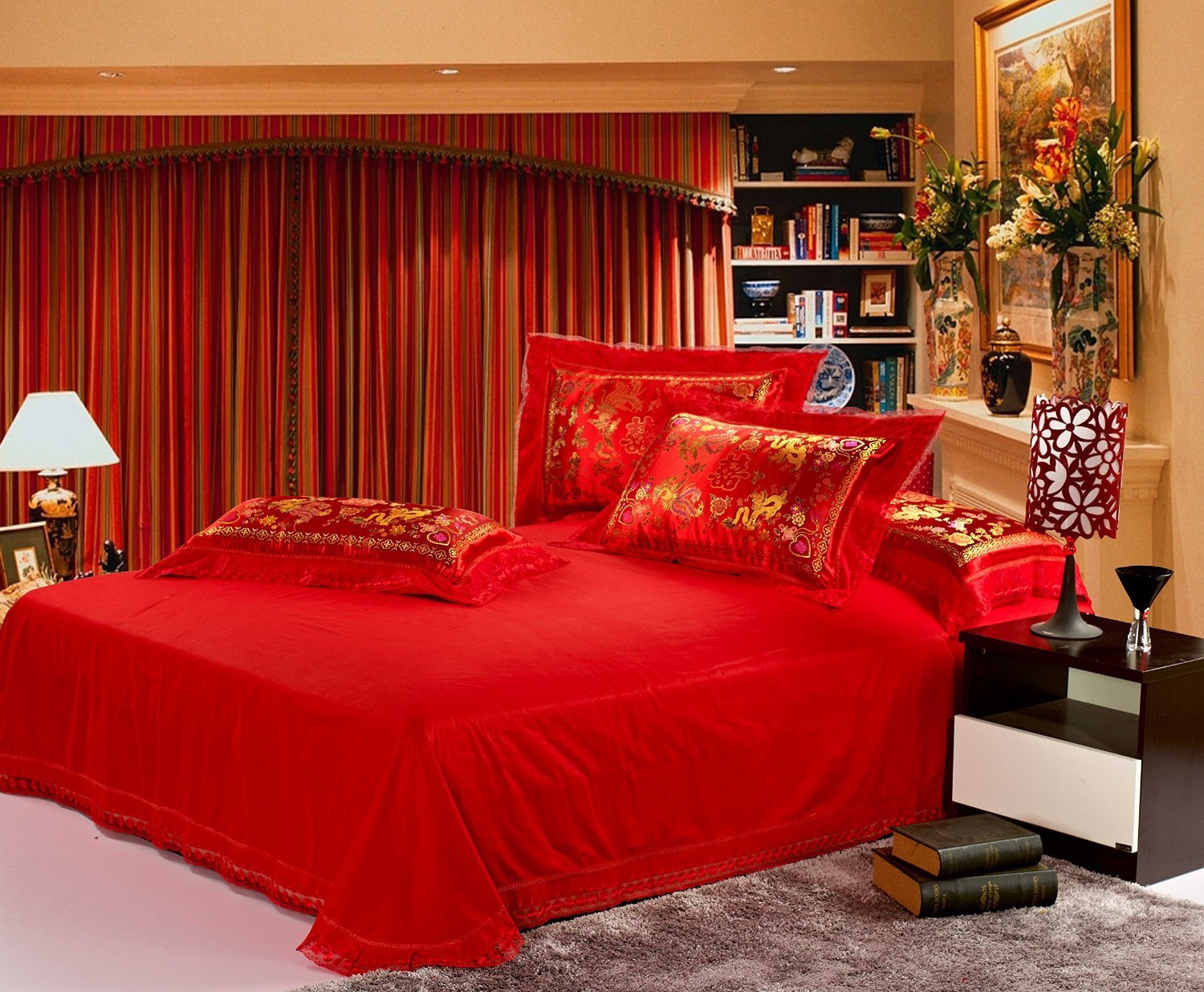 LELVA Chinese Traditional Red Sheet Asian Bedding Queen with Dragon and Phoenix Bird Embroidery Duvet Cover Set 4pcs (Queen)