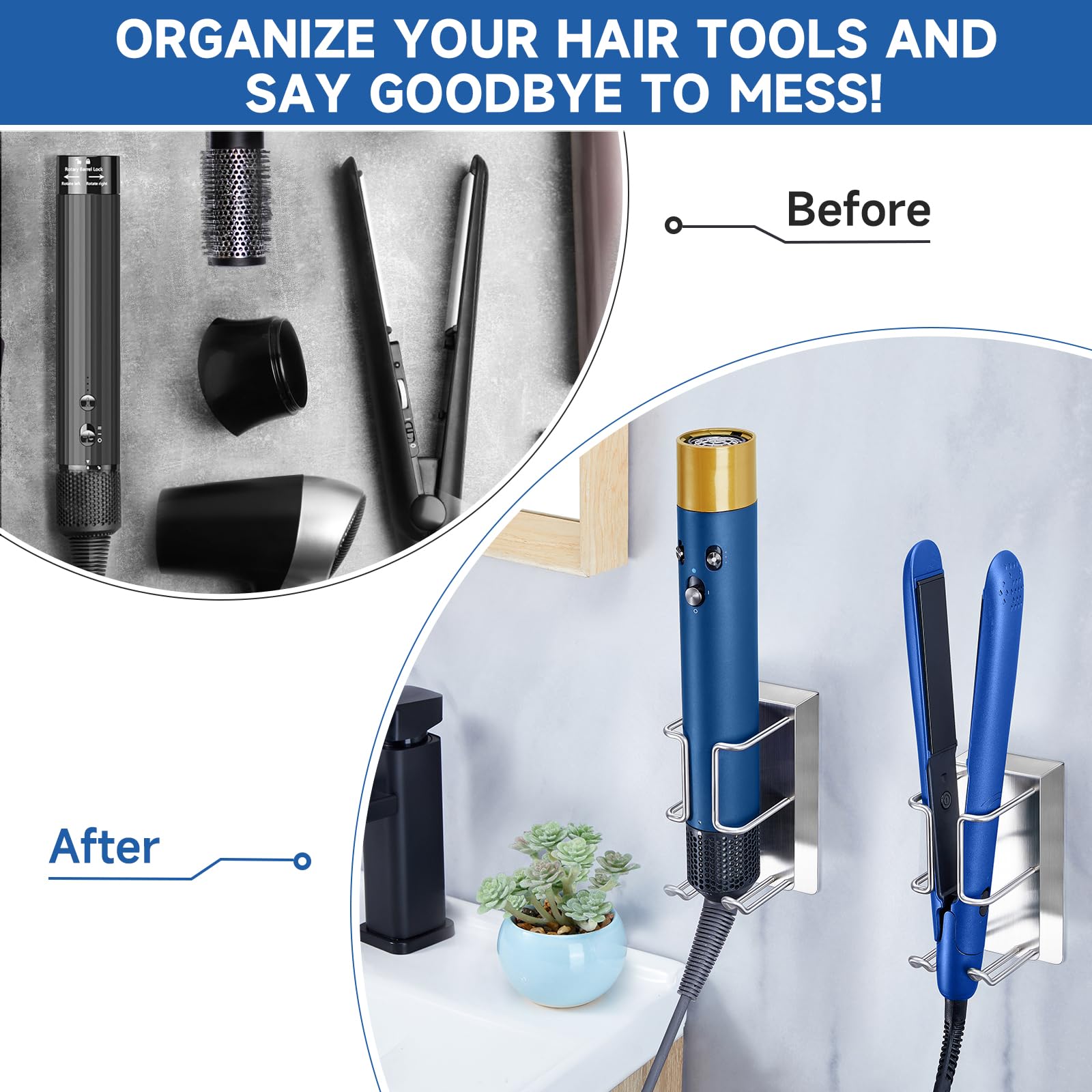 Hair Dryer Holder, XILIMEN Wall Mounted No Drilling Required Straightener Holder, Stainless Steel Curling Iron Holder for Bathroom Bedrooms(Silver)