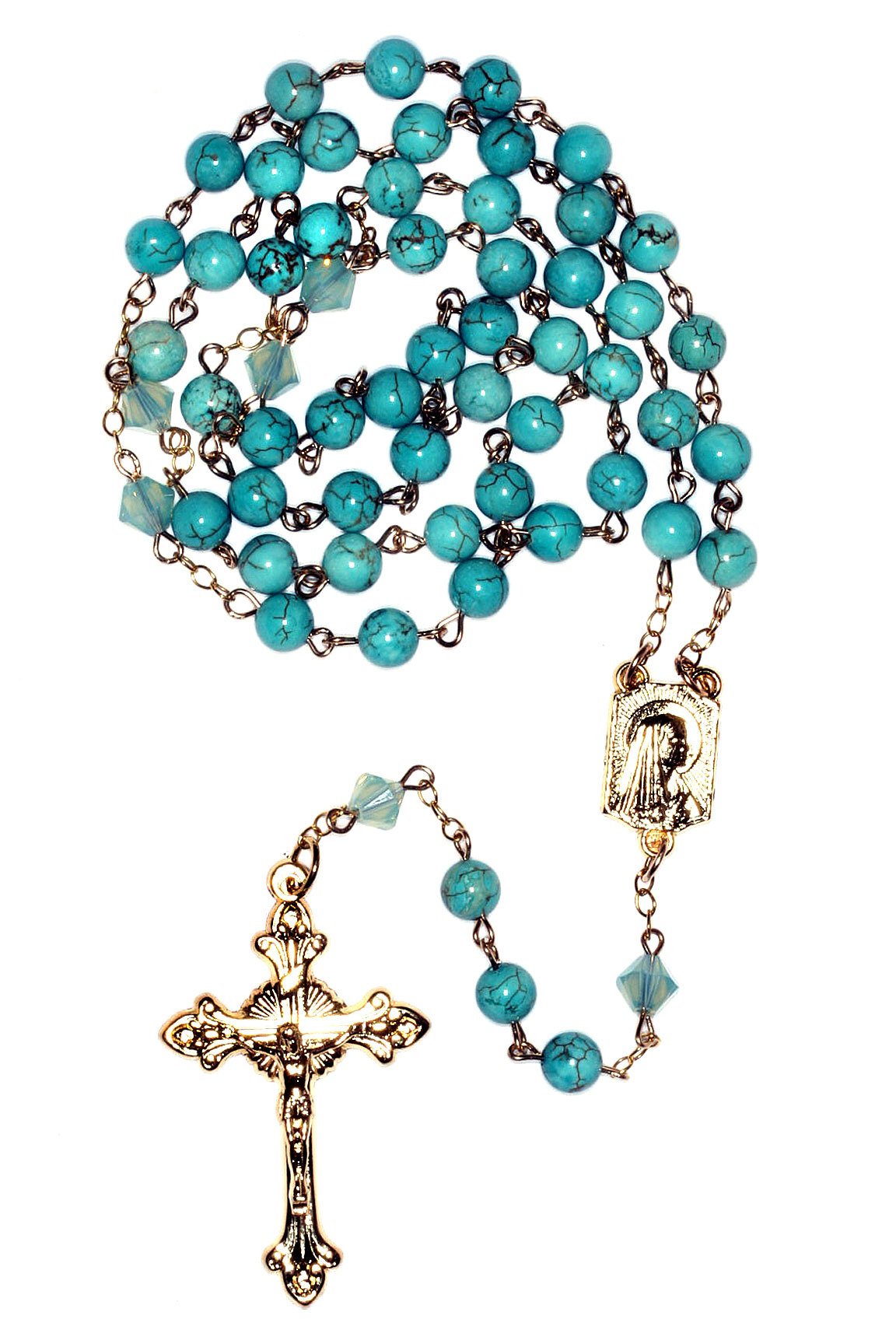 Catholic Prayer Rosary made with Magnesite Turquoise Blue Gemstones and Austrian Crystals
