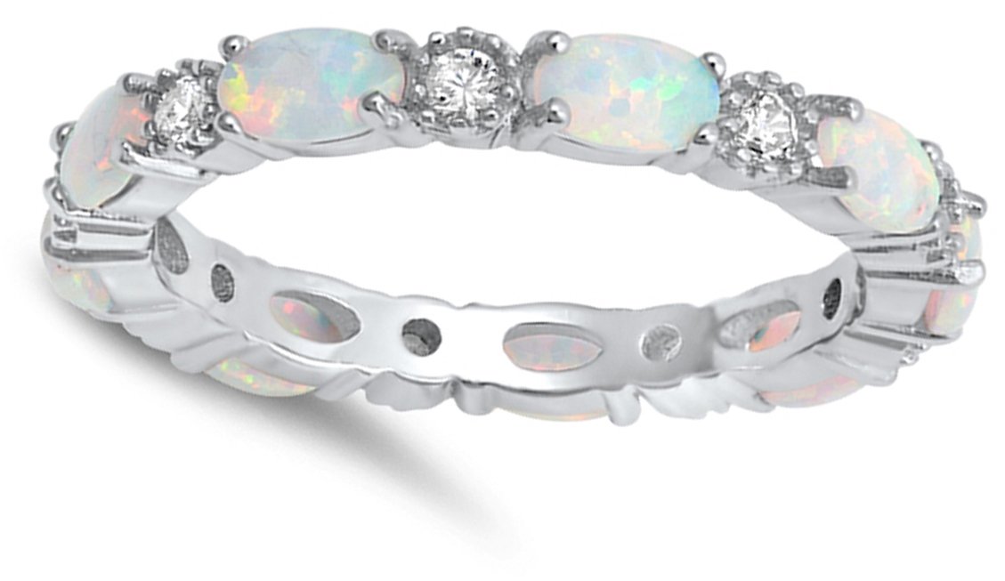 Clear CZ Oval White Simulated Opal Ring Sterling Silver Stackable Love Band Size 9