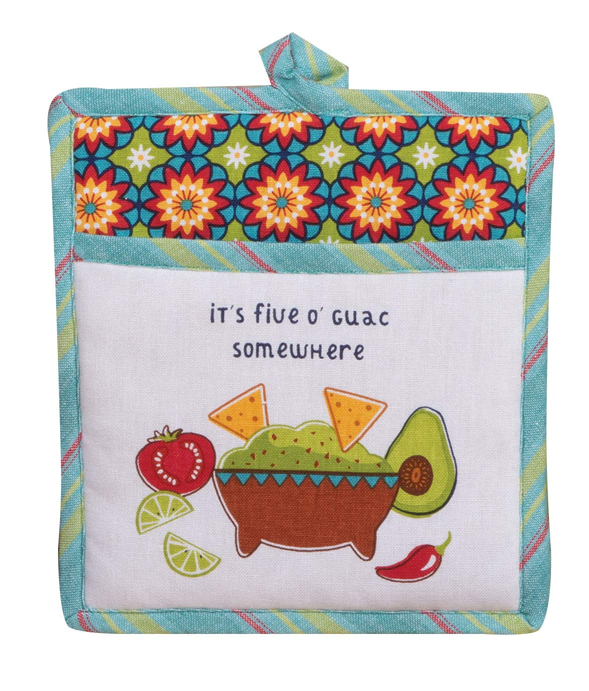 DHE Guacamole Nachos Kitchen Accessory Bundle of 2 Pocket Mitts and 2 Dual Purpose Towels, It's Five O'Guac Somewhere, Multi-coloared