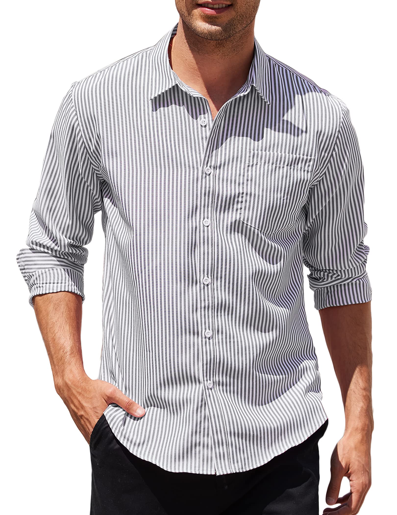 COOFANDY Men Striped Button Down Shirts Slim Fit Untucked Shirt Dress Shirt Jackets Red L