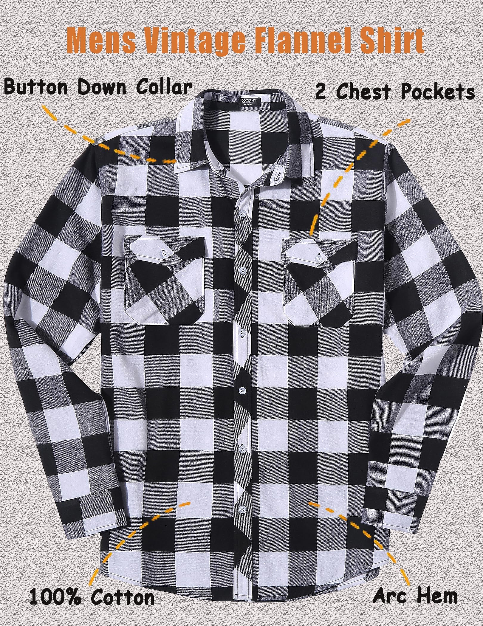 COOFANDY Men's Casual Shirt Long Sleeve Buffalo Plaid Checkered Flannel Shirts Black White