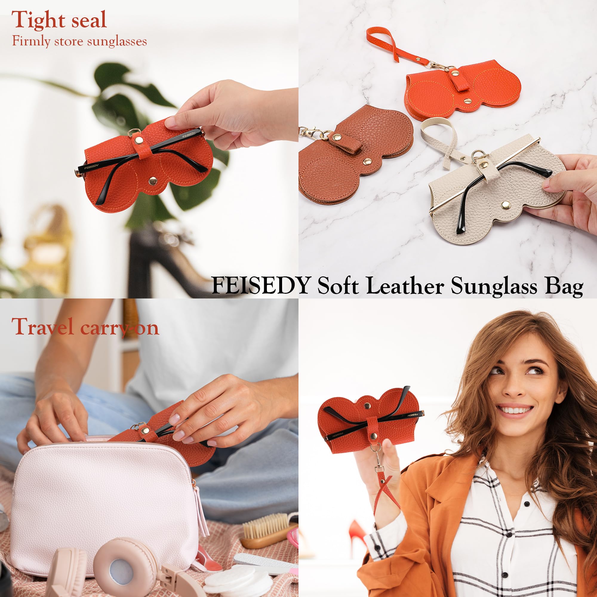 FEISEDY 2Pack Soft Leather Sunglass Bag, Holder Eyeglasses Case, Portable Glasses Pouch With Button Clip Wrist Strap B0049
