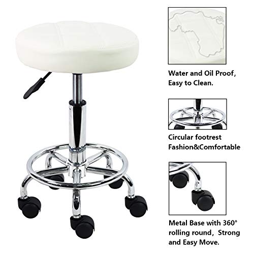 KKTONER Round Rolling Stool Chair PU Leather Height Adjustable Swivel Drafting Work SPA Shop Salon Stools with Wheels Office Chair Small (White)