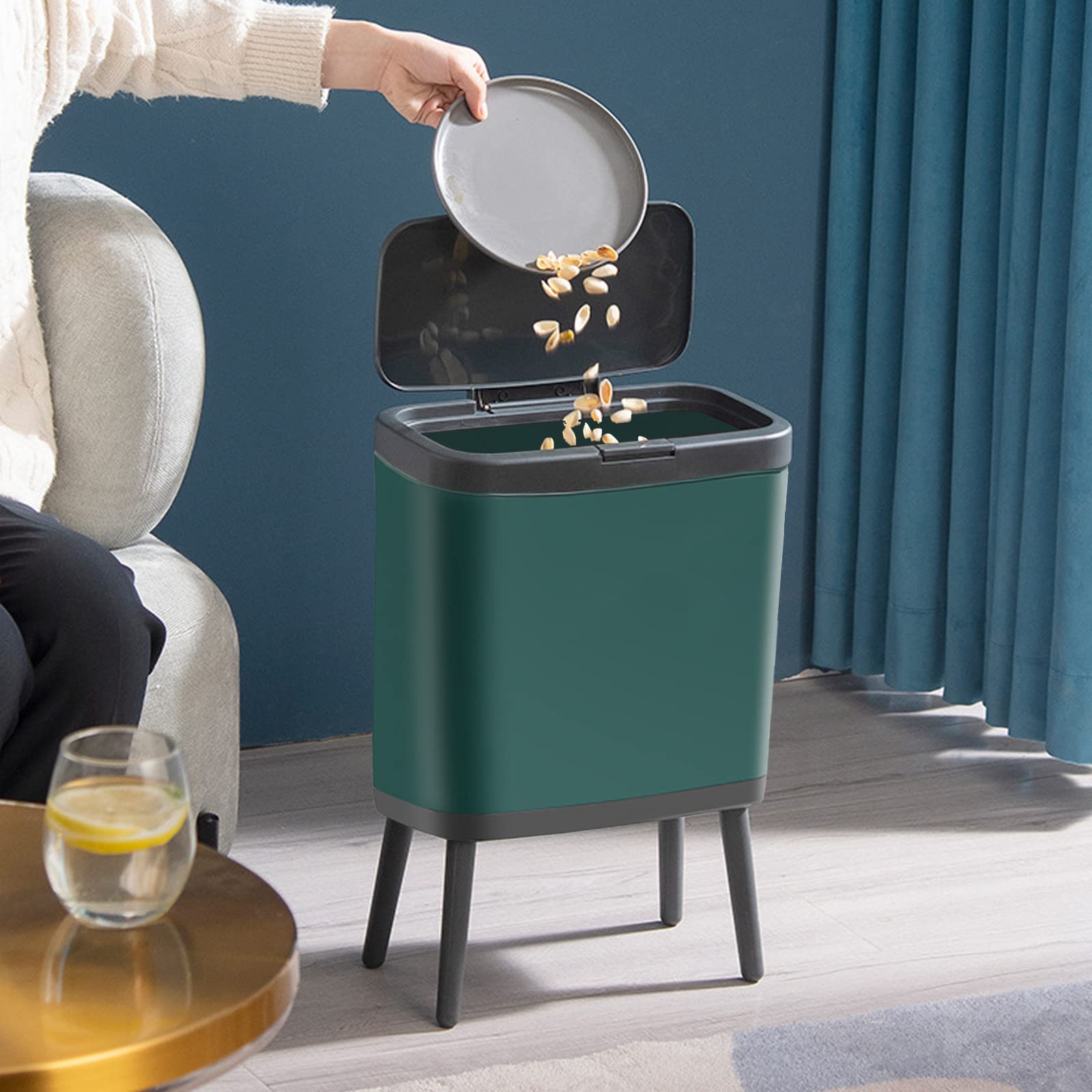 URALFA Slim Trash Can with Lid, Modern Kitchen Garbage Can Narrow Trash Can with Legs, 4 Gallon Garbage Bin Plastic Waste Basket Gold Edge for Bathroom, Office, Bedroom, Living Room, Green