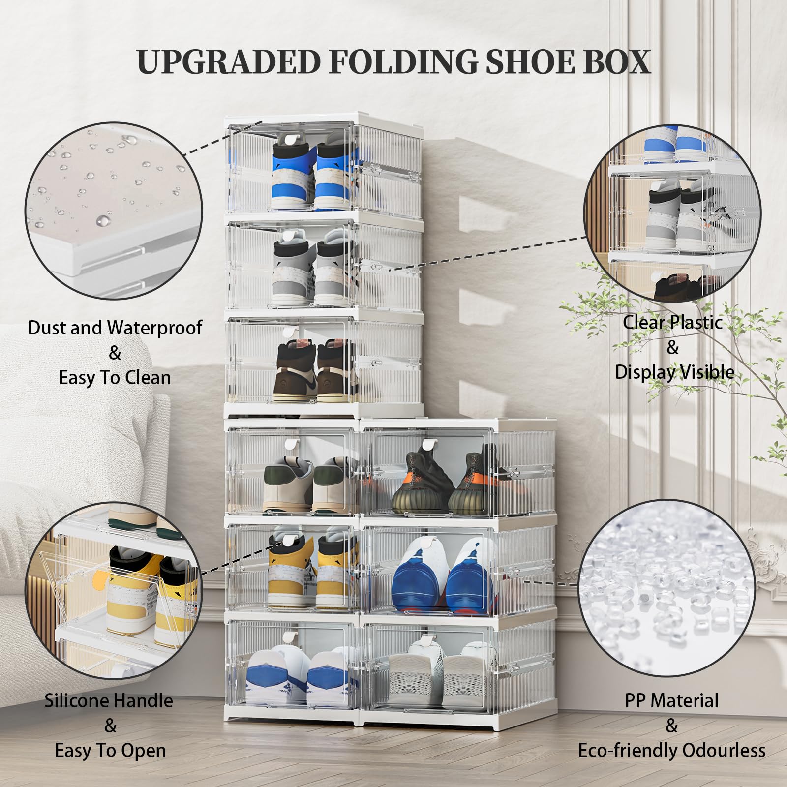 HAIXIN HOME Shoe Organizer Storage Box, XXL Portable Foldable Shoe Rack Organizer for Closet with Clear Door, Large Stackable Sneaker Cabinet Bins Sturdy Easy Assembly 3 Layers-9 Pack