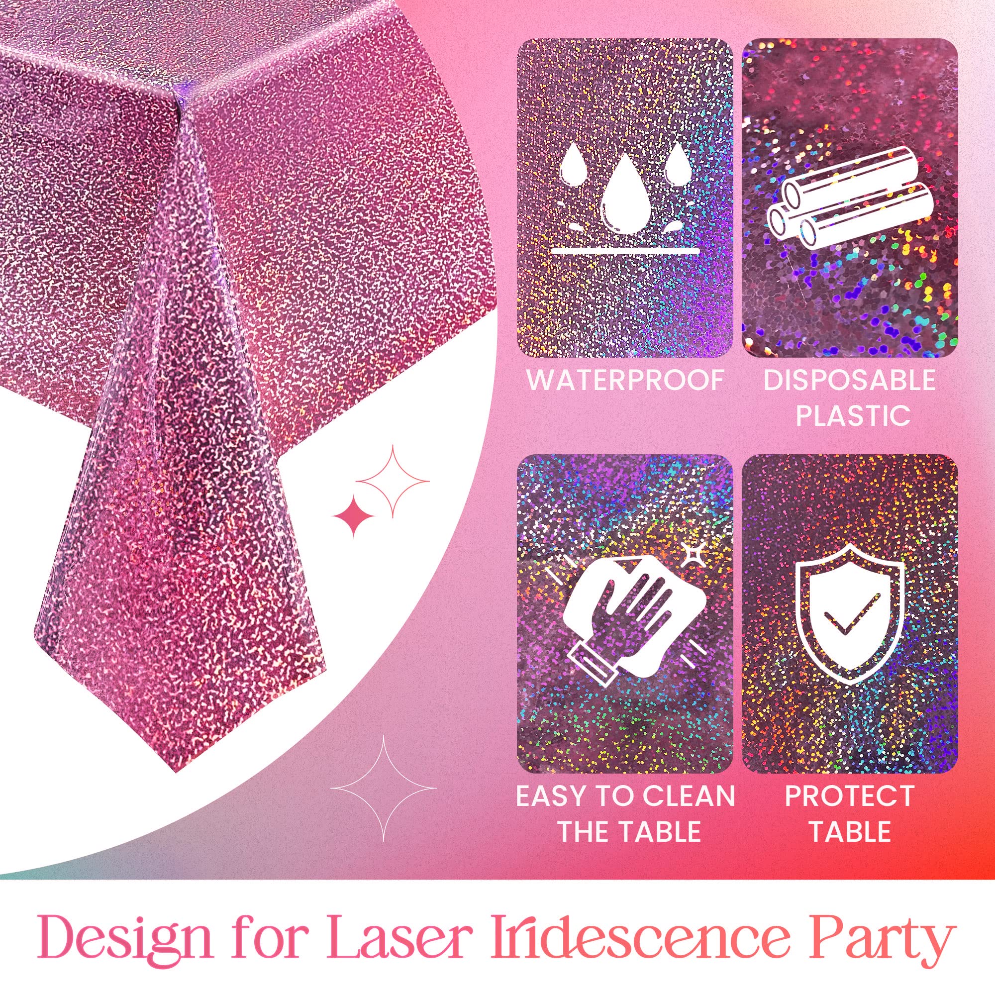 Just Shimmer 2 pcs Pink Holographic Plastic Tablecloths Laser Table Covers 40" x 108" Foil Disposable Table Cloths for Party Birthday Wedding Christmas Holiday Party Decorations