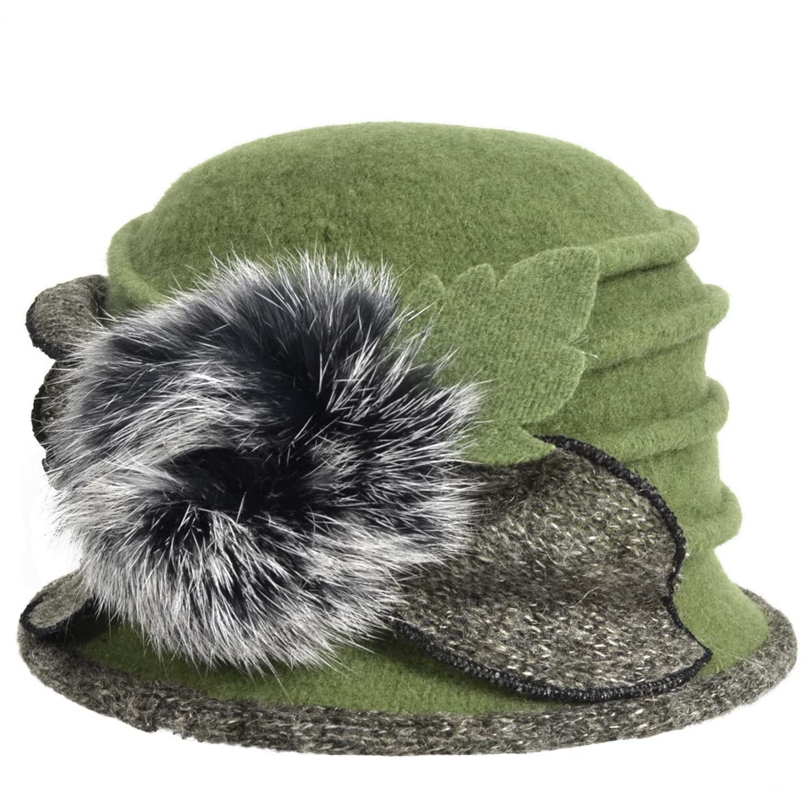 Women's Wool Dress Church Cloche Hat Bucket Winter Floral Hat (Green)