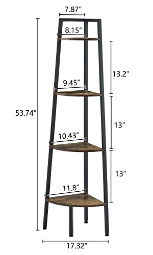 Hoctieon Corner Shelf, 4-Tier Corner Bookshelf, Rustic Corner Ladder Shelf, Industrial Display Shelf for Living Room, Kitchen, Home Office, Balcony, Small Space, Metal Frame, Rustic Brown