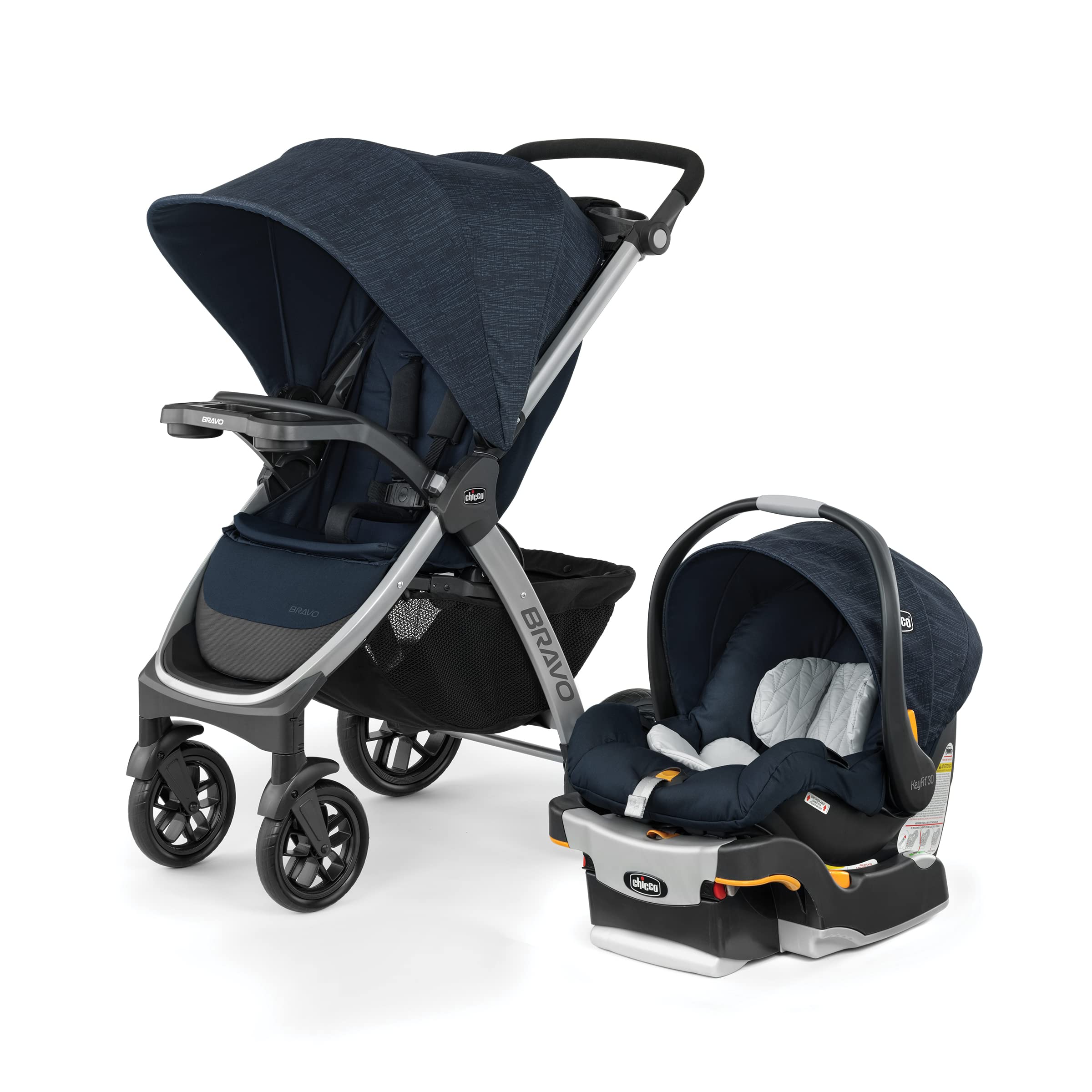 Chicco Bravo Trio Travel System with Full Size Stroller, Convertible Frame Stroller, One-Hand Compact Fold, Extendable Canopy and KeyFit 30 Infant Car Seat, Nottingham