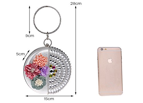 Womens Round Gorgeous Luxury Bling Evening Clutch Chain Bag with Flower Rhinestone Crystal Wedding Purse Bridal Prom Party Handbag Red