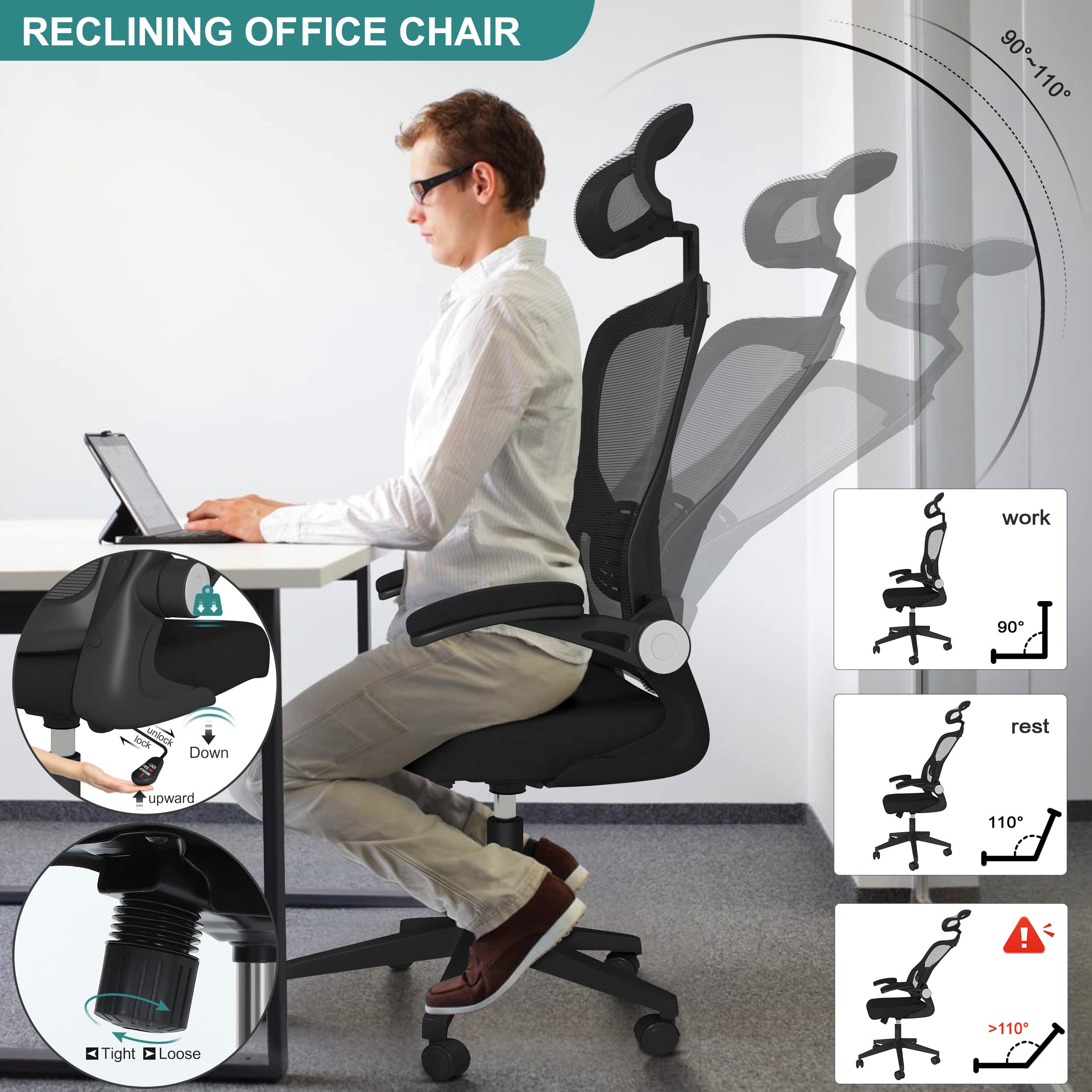 CBBPET Ergonomic Desk Chair with Lumbar Support and Flip-Up Armrests, Home Office Swivel Mesh Chair, Adjustable Backrest Executive Office Chair with Wheels, Perfect for Computer Desk and Home Office