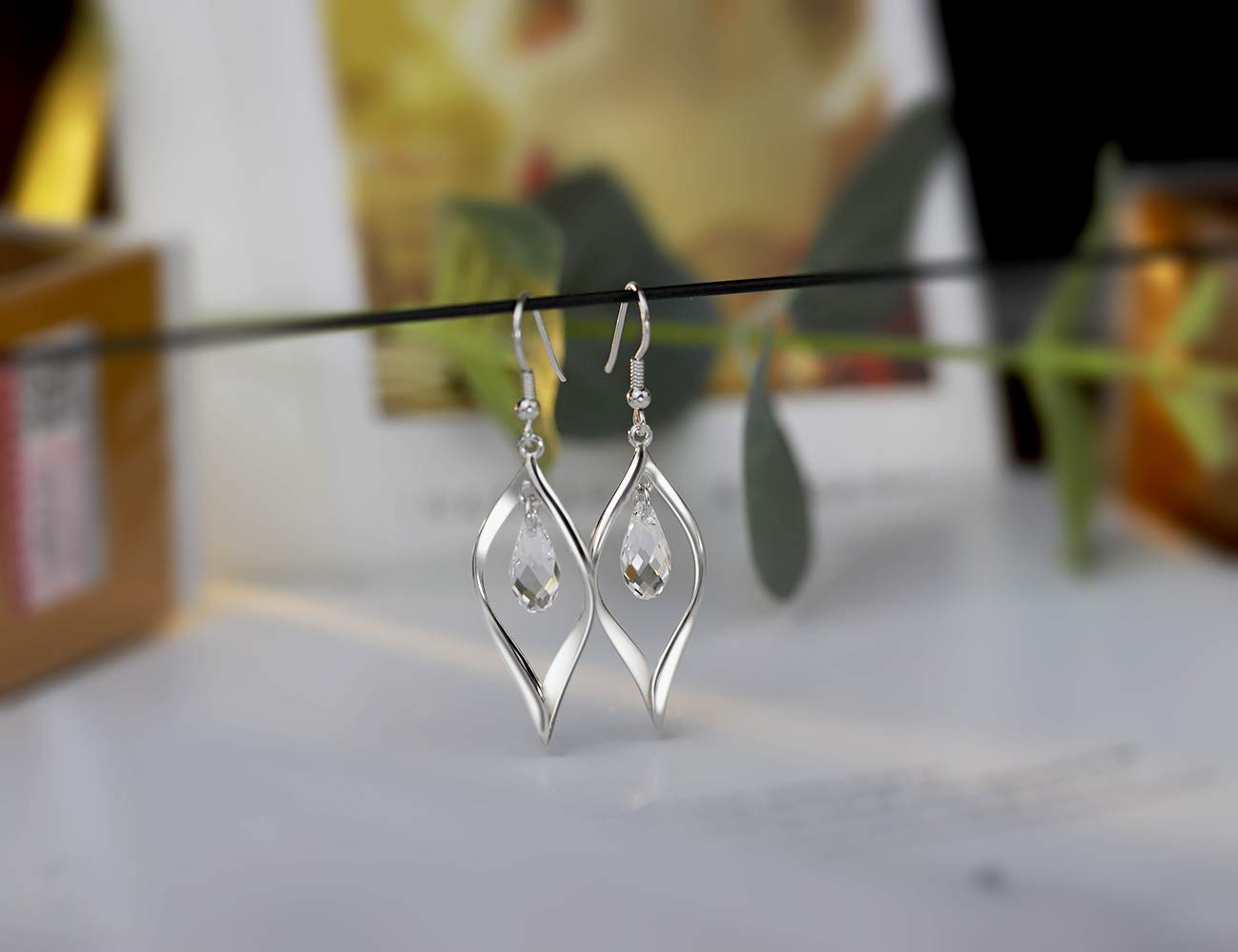 Clearance Swarovski Crystal Twist Leaf Style Fashion 925 Sterling Silver Dangle Earrings for Women in Gold-Plated