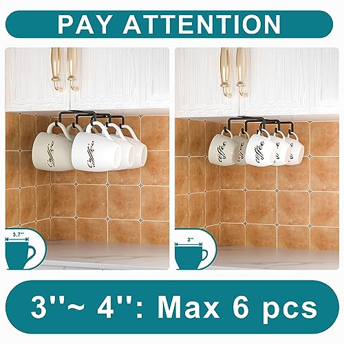 ECROCY Mug Holder Under Cabinet, 2pcs Mug Organizer for Kitchen Cabinet with Extra Large Hook Distance, Fit for 1 Inch Thickness Flat Buttom Cabinet Without Any Lip