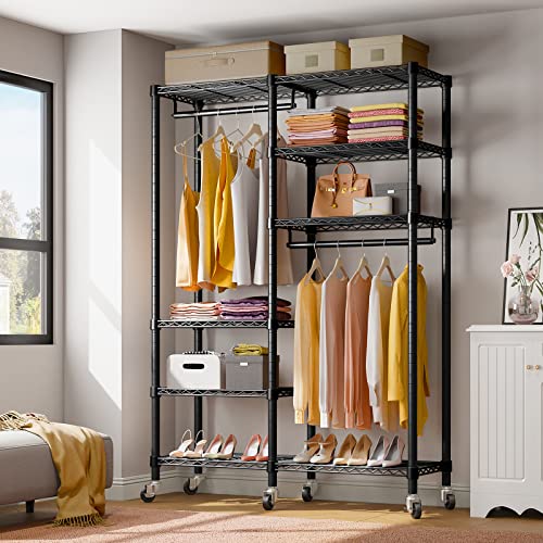 VIPEK R4i Portable Closets Heavy Duty Garment Rack Adjustable Rolling Clothes Rack with 6 Tiers Metal Wire Shelving, Double Rods, Lockable Wheels, Freestanding Wardrobe Closet Storage Rack, Black