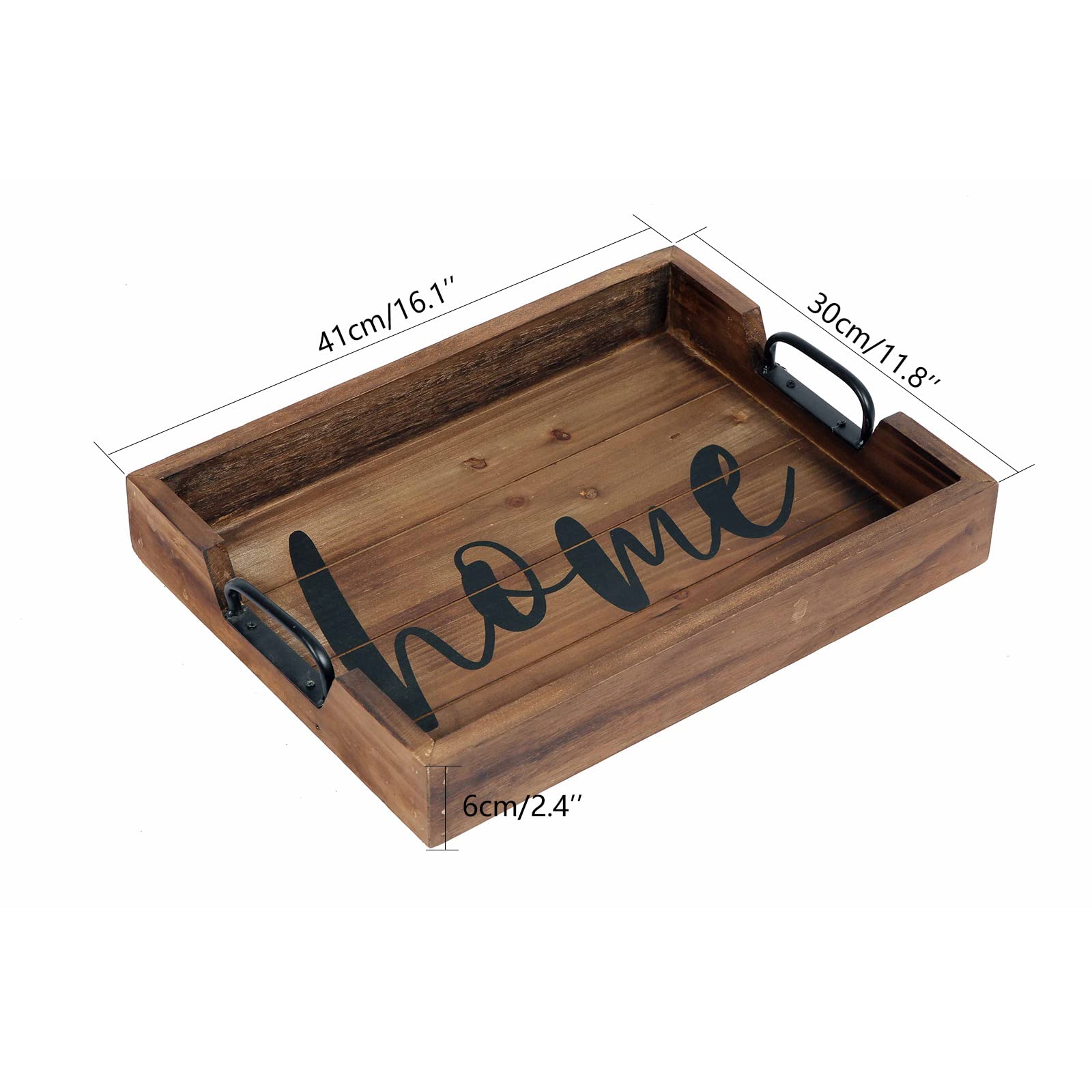 Decorative Tray for Coffee Table Print Design, Rustic Ottoman Tray Dark Brown, Wooden Serving Tray with Metal Handles, Farmhouse Tray Platter for Party, Bathroom, Kitchen, Dining Room