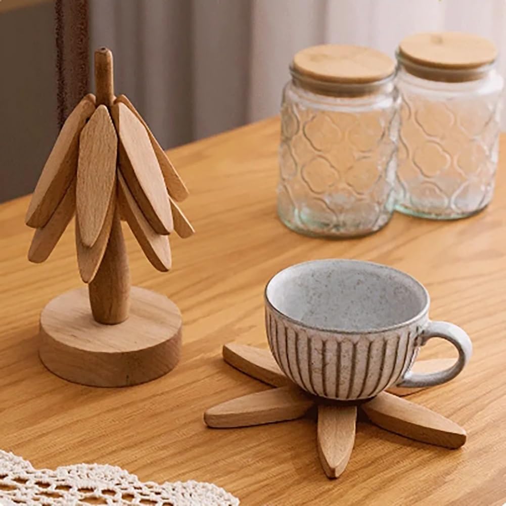 Generic Wooden Tree Coaster,Wooden Tree Coaster for Hot Dishes,Tree Shape,Trivets for Hot Dishes,3 Wooden Trivet + 1 Stand (Brown)